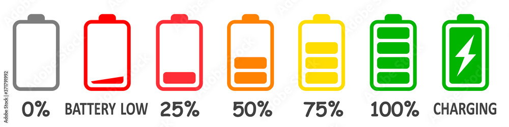 Set of colored battery charge level indicator in percent - stock vector ...