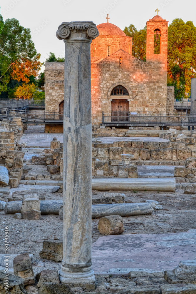 Historical ruins and columns of earlz Byzantine Chrysopolitissa church ...