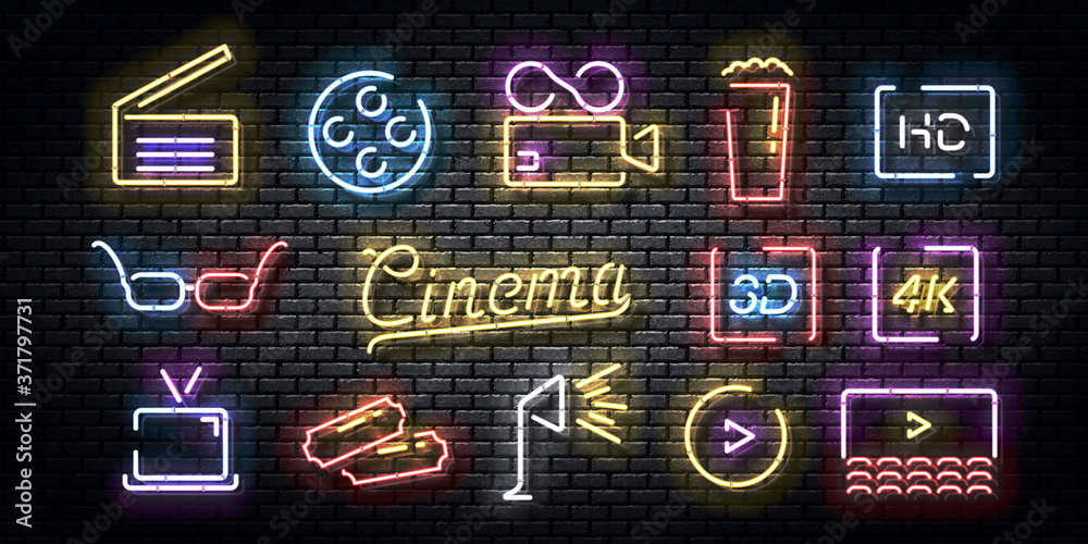 Vector set of realistic isolated neon sign of Cinema logo for template ...