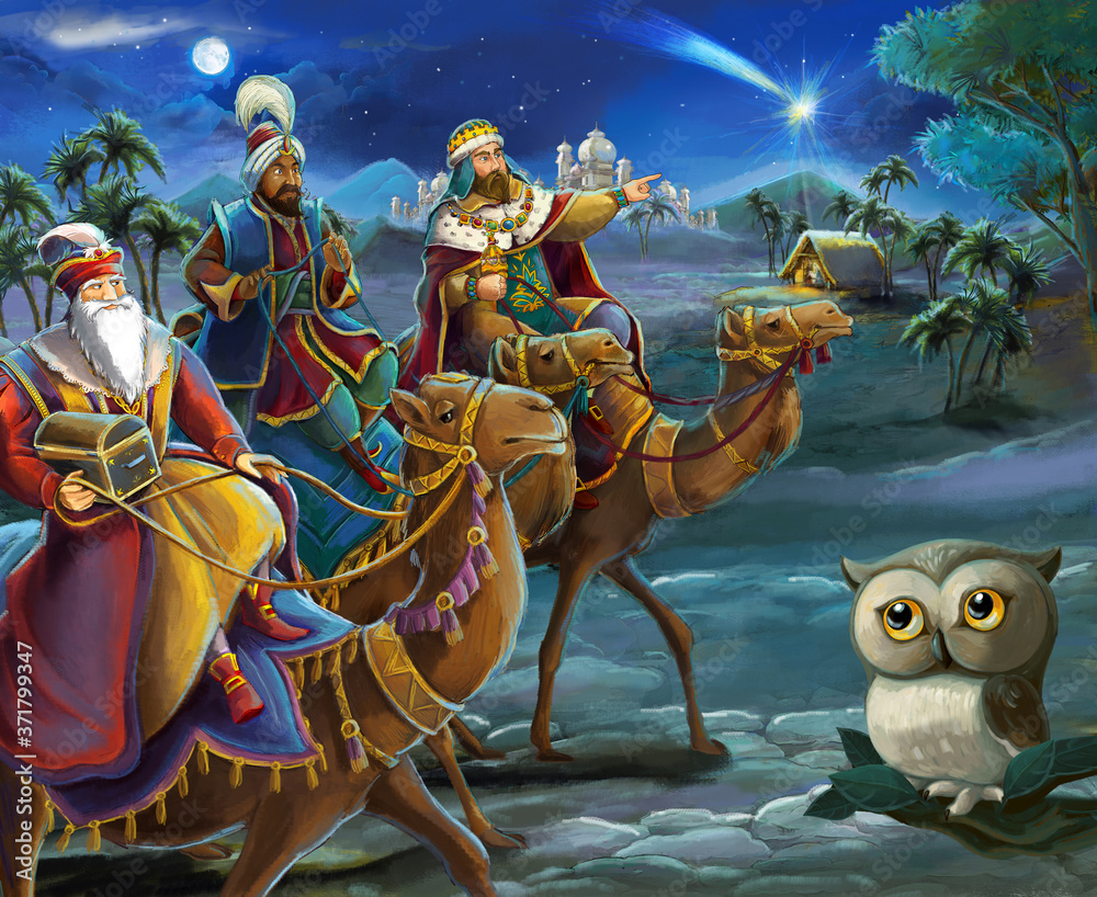 cartoon illustration of the holy family and three kings and owl ...