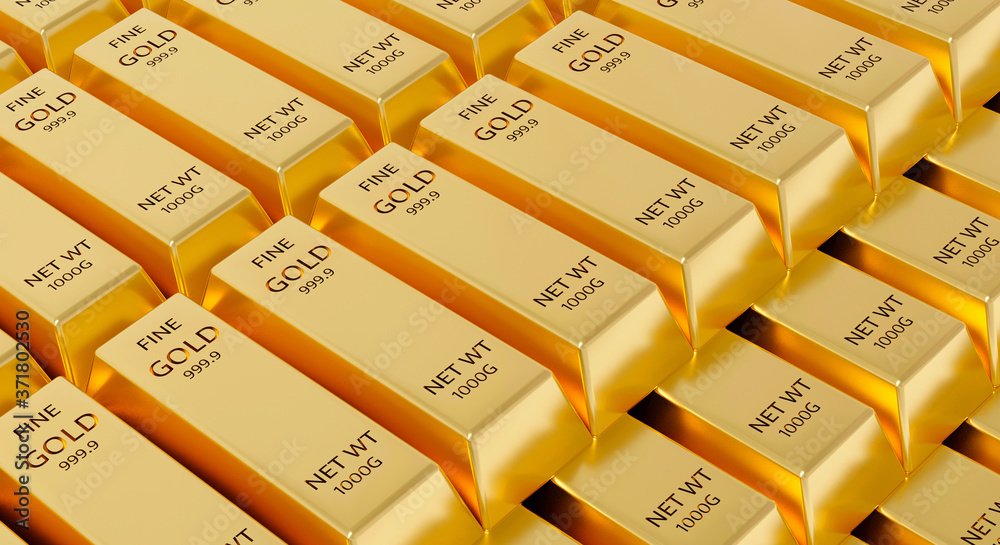 Closed up of shiny gold bars arrange and stack up in the perfect position row. Reflection of ...