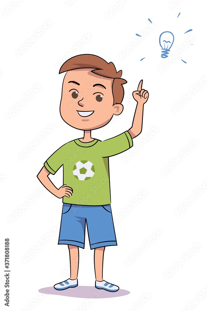 Boy has idea, brainstorming, light bulb sign over head. Child isolated ...