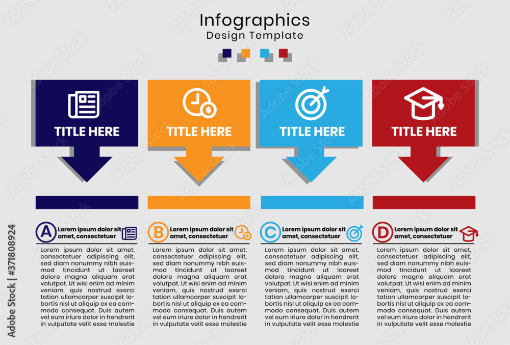 four colorful rectangular arrow elements, thin line pictograms ...