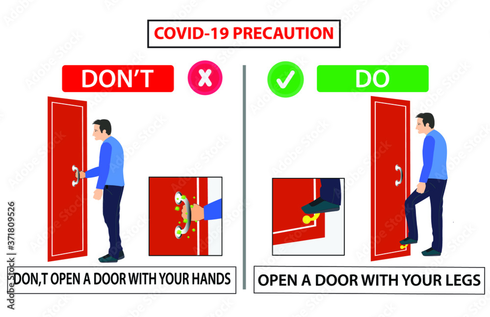 Open door with leg for safety of covid 19 diseases. Do not use your ...