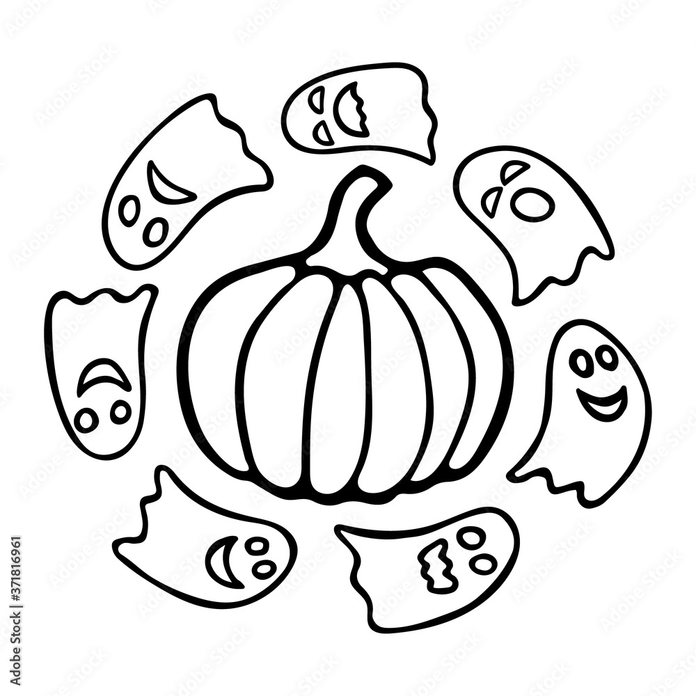 Cute ghosts and pumpkin hand drawn doodle. Black outline clip art for ...