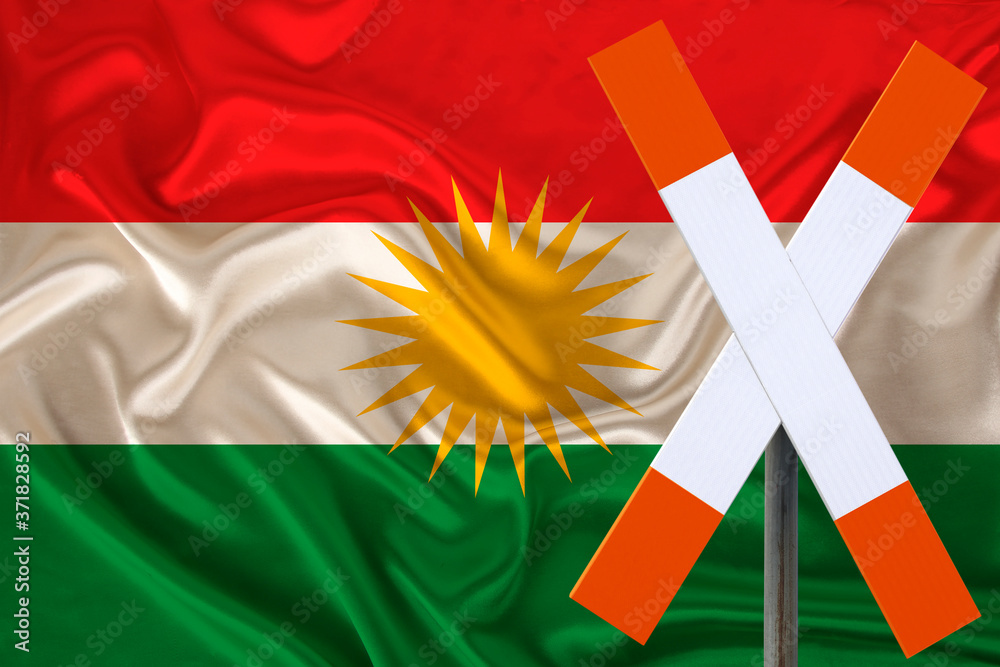 sign, stop, attention against the background of the silk national flag ...