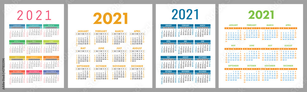 Calendar 2021 year set. Vector template collection. Simple design. Week ...