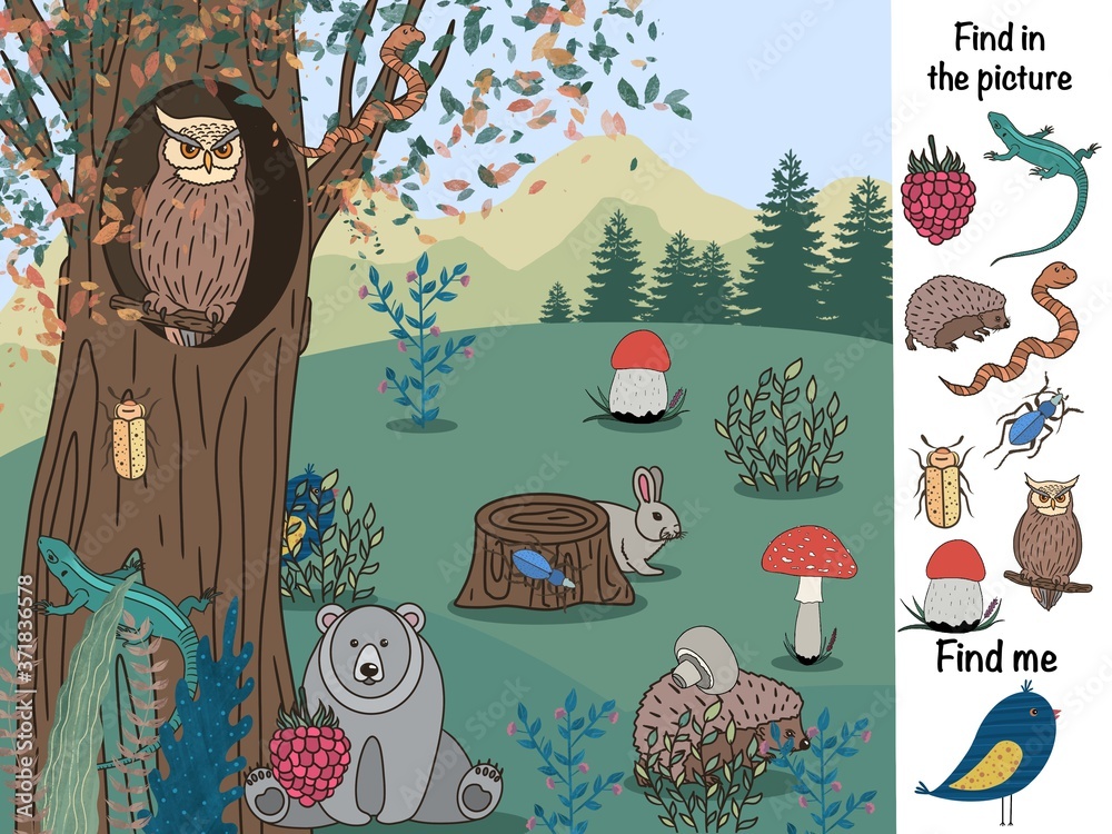 Find in the picture. Logical game. Forest and animals Stock ...