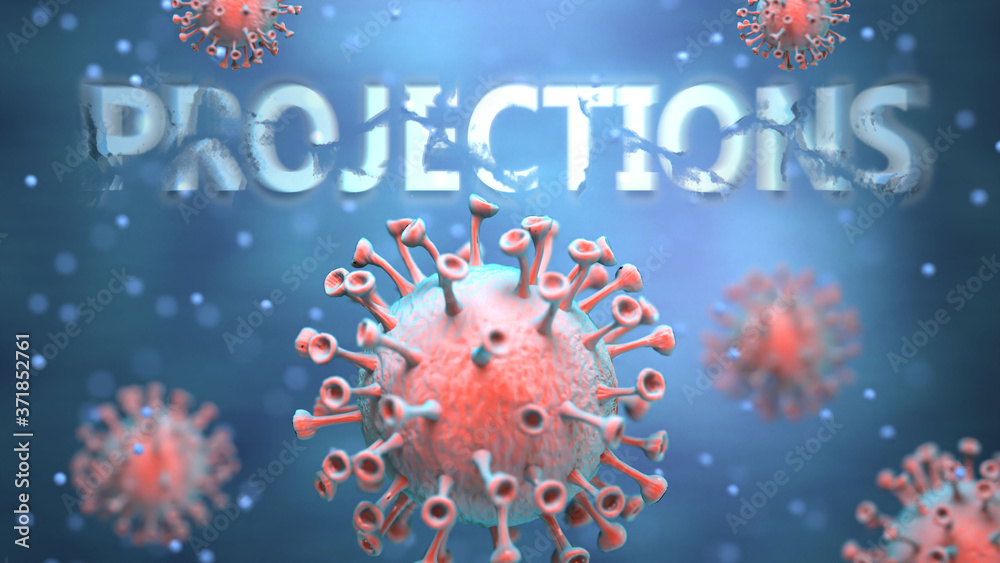 Covid and projections, pictured as red viruses attacking word ...