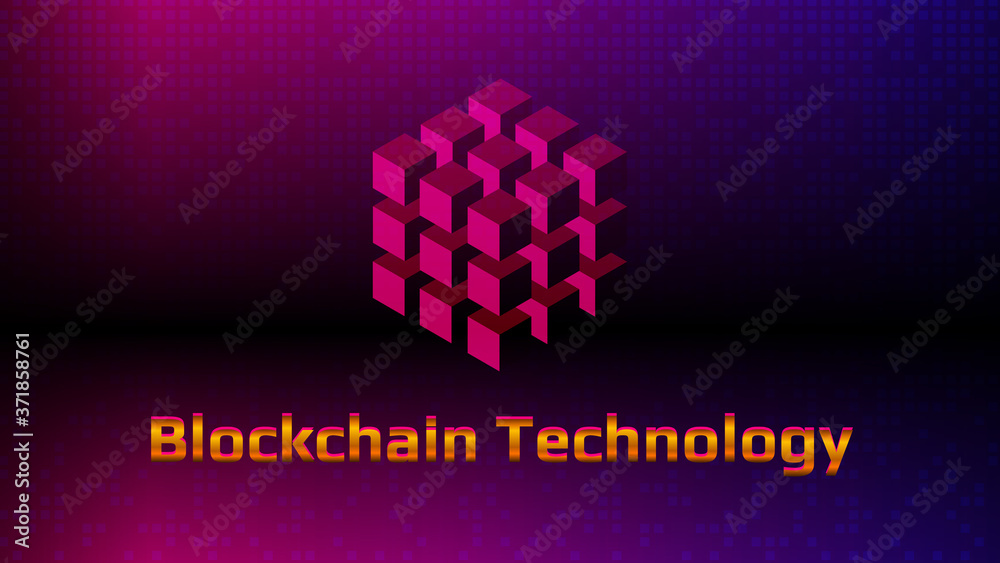 Golden lettering Blockchain technology with digital cube on beautiful ...