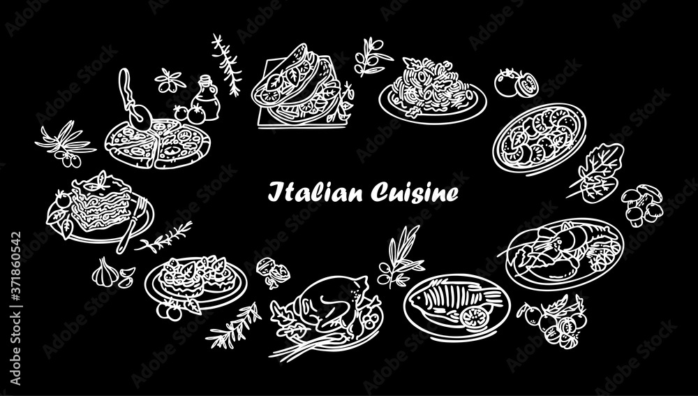 Italian cuisine line icon set. Italian Food. white silhouettes on a ...