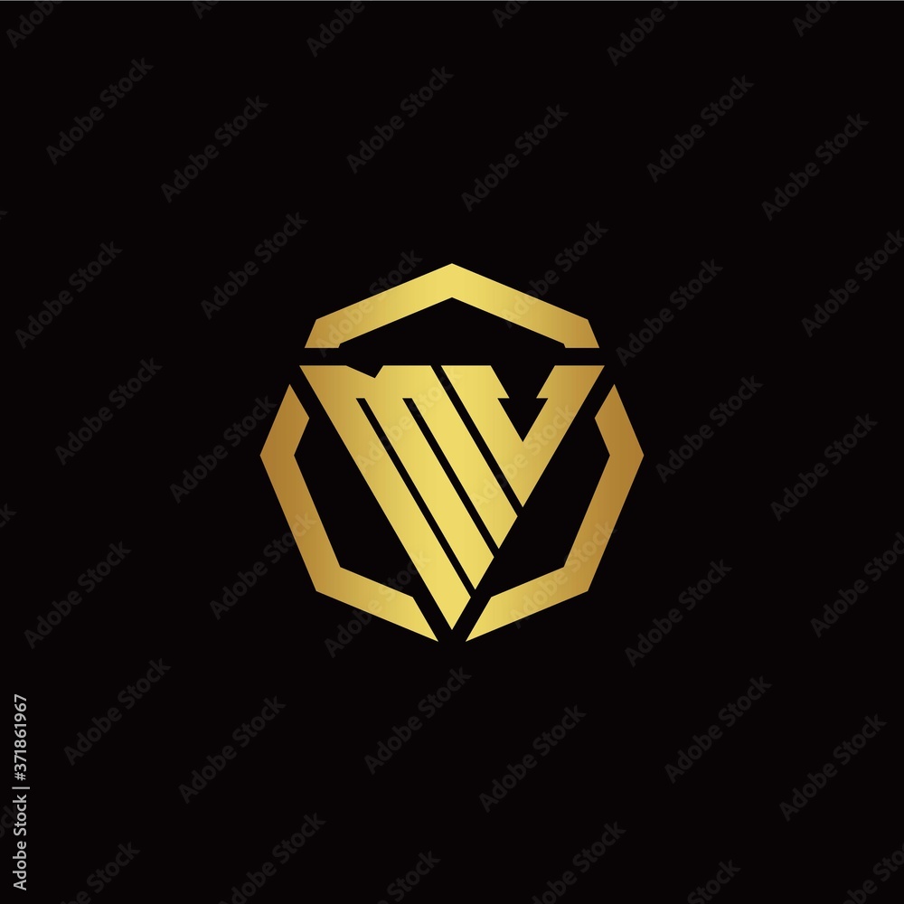 M V initial logo modern triangle and polygon design template with gold ...