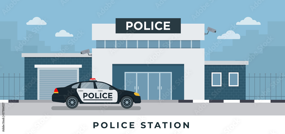 Poster Police station department building with police car in flat style ...