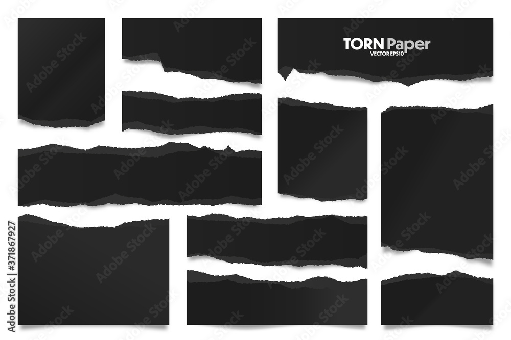 Ripped black paper strips. Realistic crumpled paper scraps with torn ...
