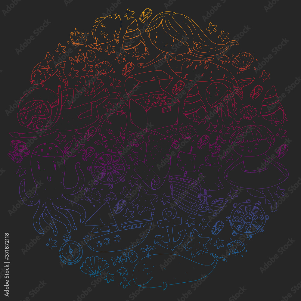 Vector icons of sea ocean adventure for little children. Nautical ...