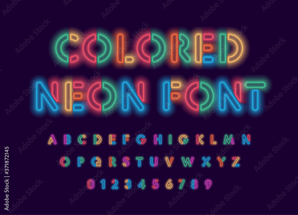 Colored neon font, colorful outlines letter and numbers set with neon ...