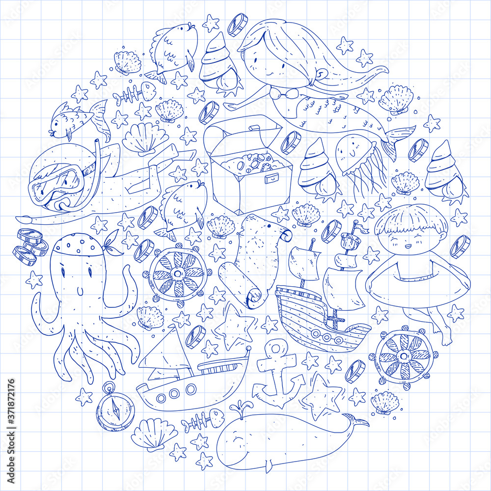 Vector icons of sea ocean adventure for little children. Nautical ...