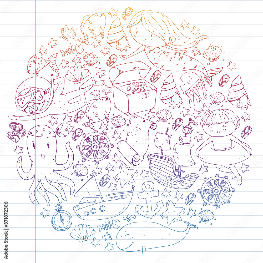 Vector icons of sea ocean adventure for little children. Nautical ...