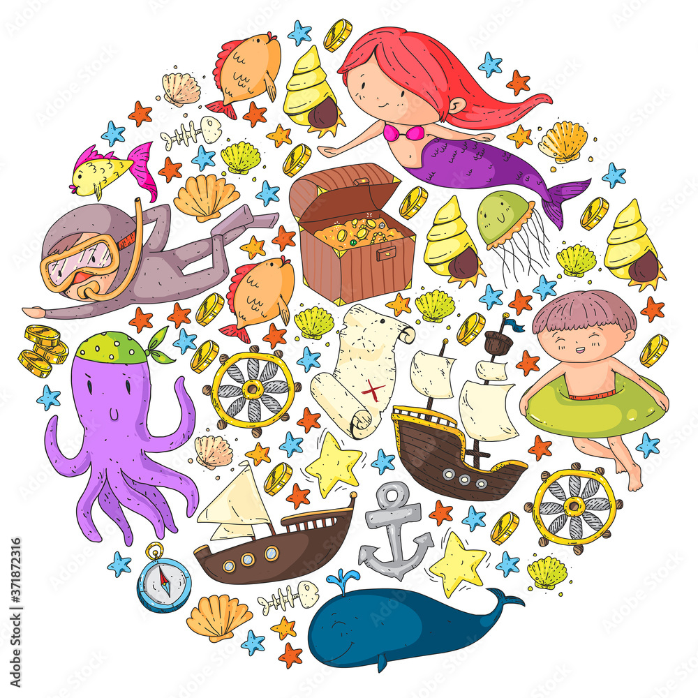 Vector icons of sea ocean adventure for little children. Nautical ...