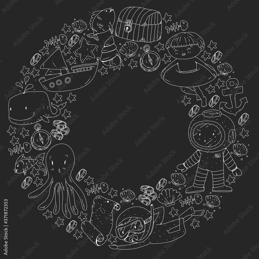 Vector icons of sea ocean adventure for little children. Nautical ...