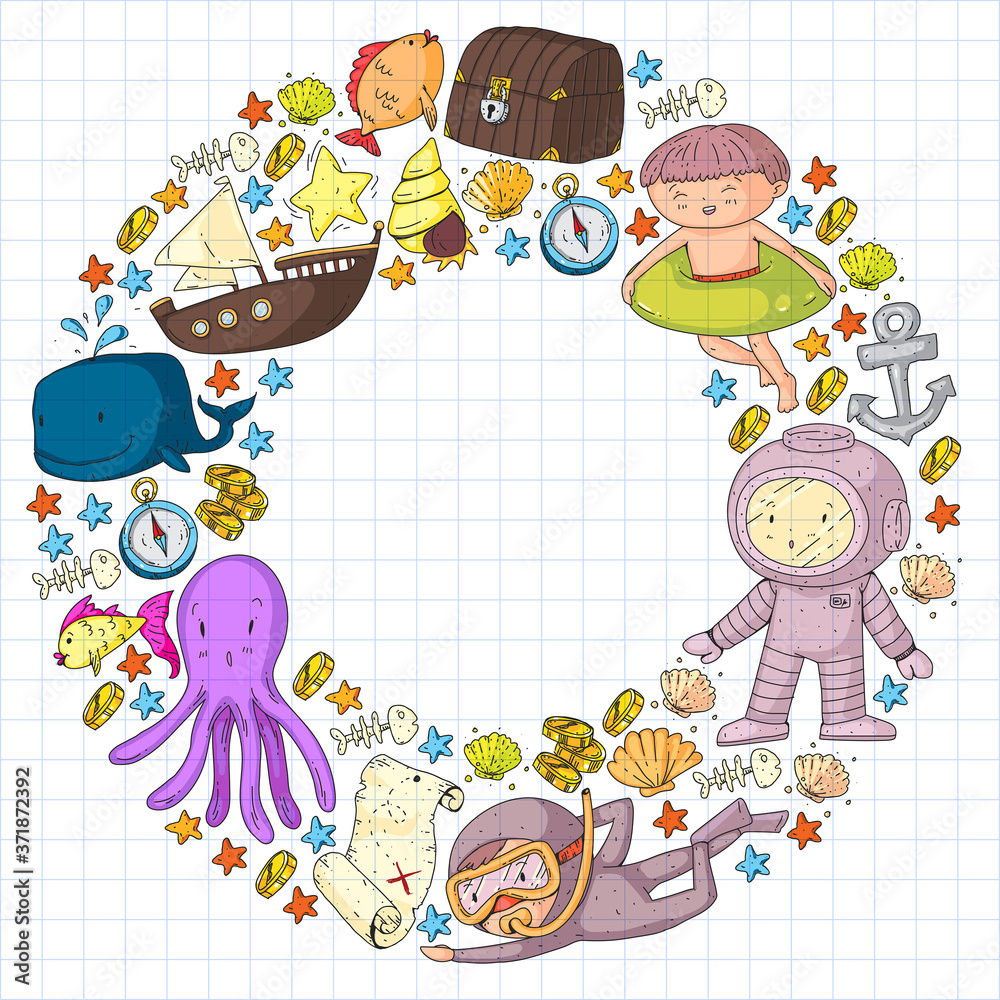Vector icons of sea ocean adventure for little children. Nautical ...