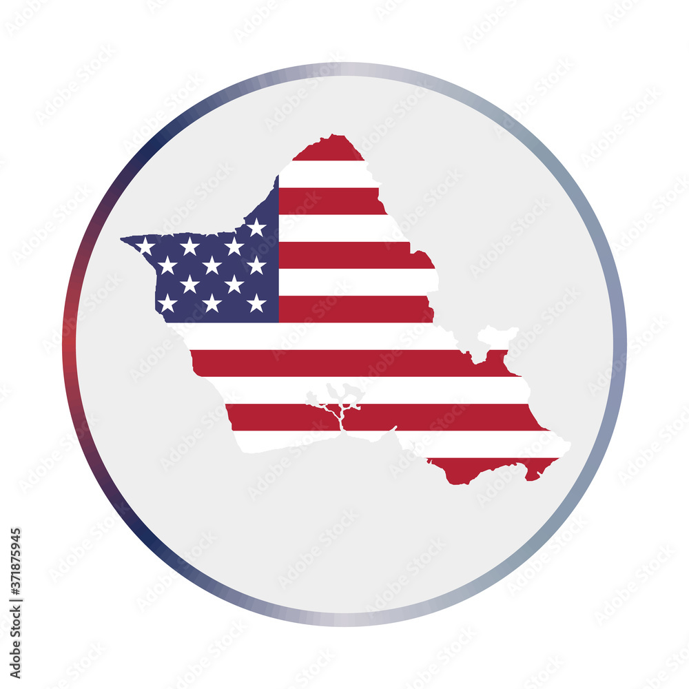 Oahu icon. Shape of the island with Oahu flag. Round sign with flag ...