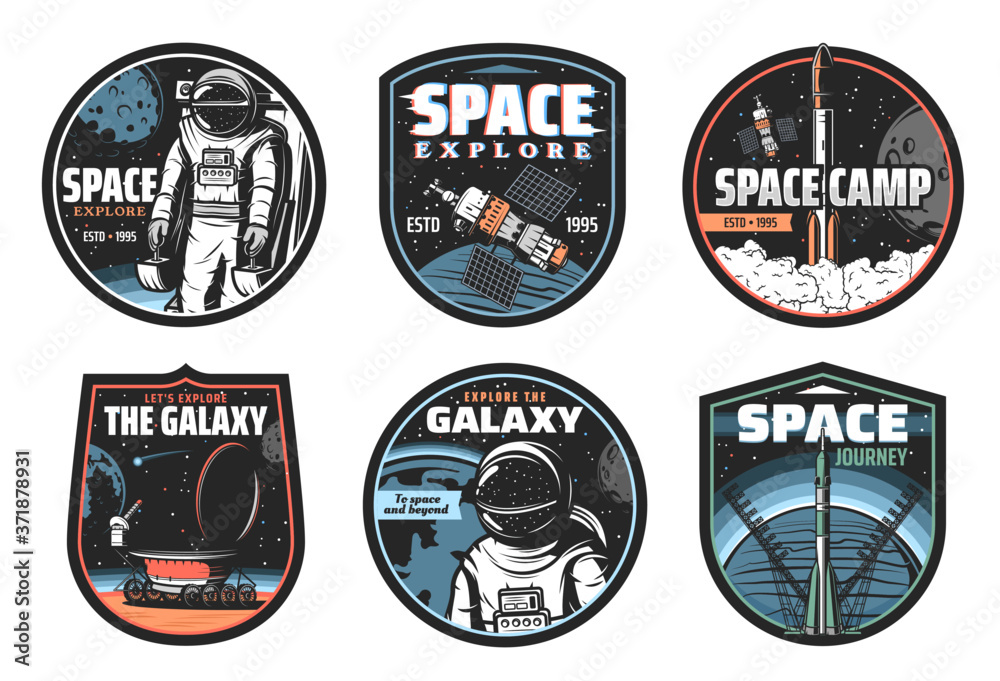 Galaxy, space, astronaut and rocket vector icons. Cosmos explore ...