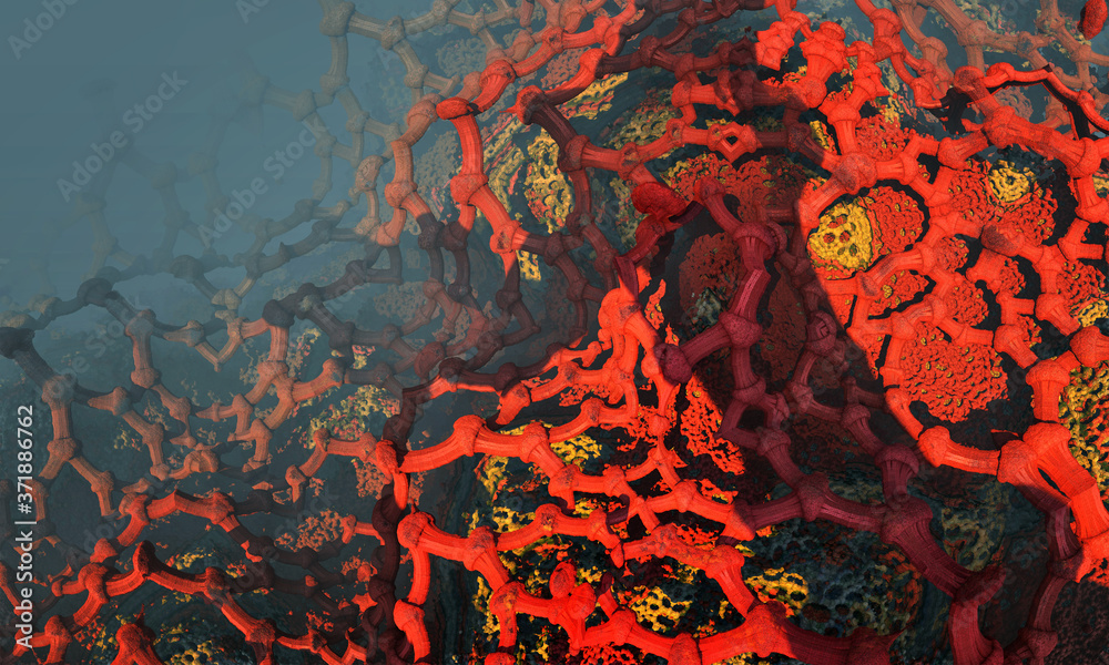 Fractal 3D image in the form of a crystal lattice of blood or a cell ...