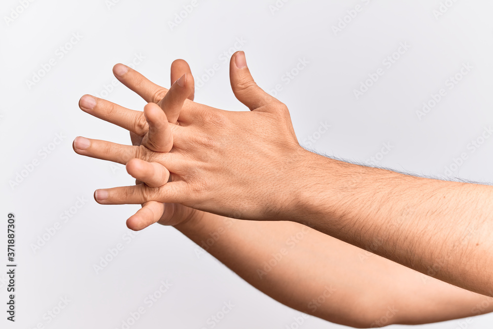 Hand of caucasian young man showing fingers over isolated white ...