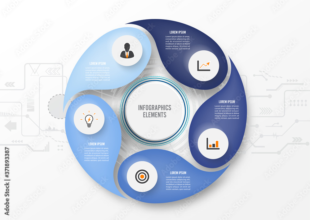 Vector infographic technology with 3D paper label, integrated circles ...