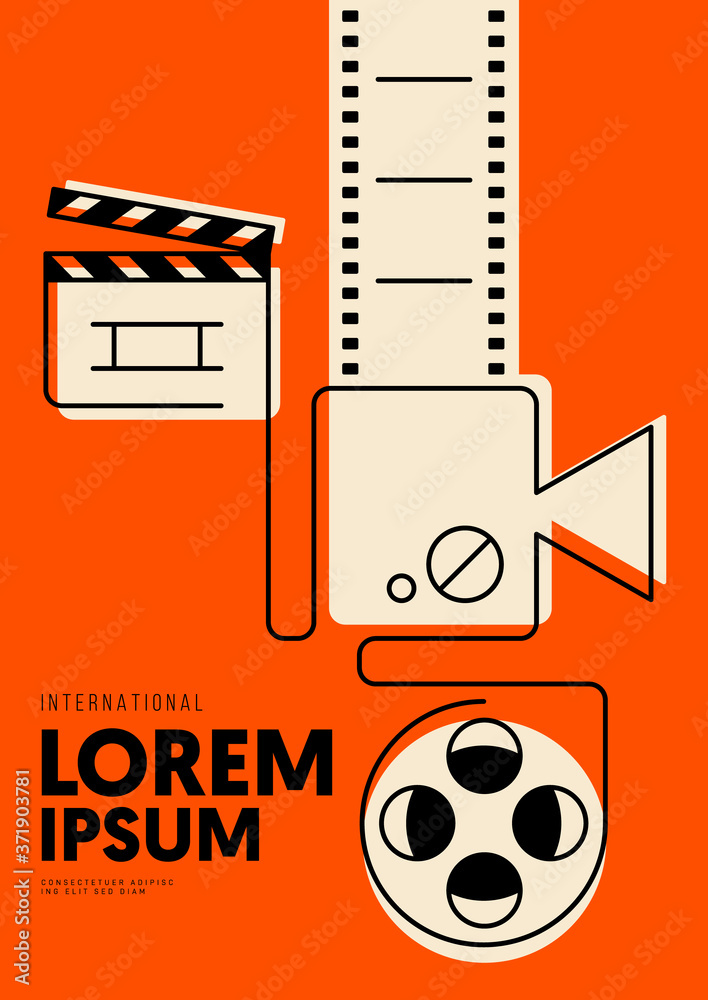 Movie and film poster design template with outline film reel ...