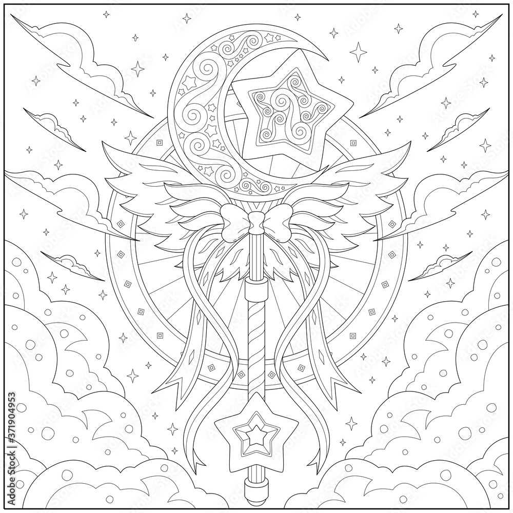 Fantasy star and moon key with ribbon, Adult and kid coloring page in ...