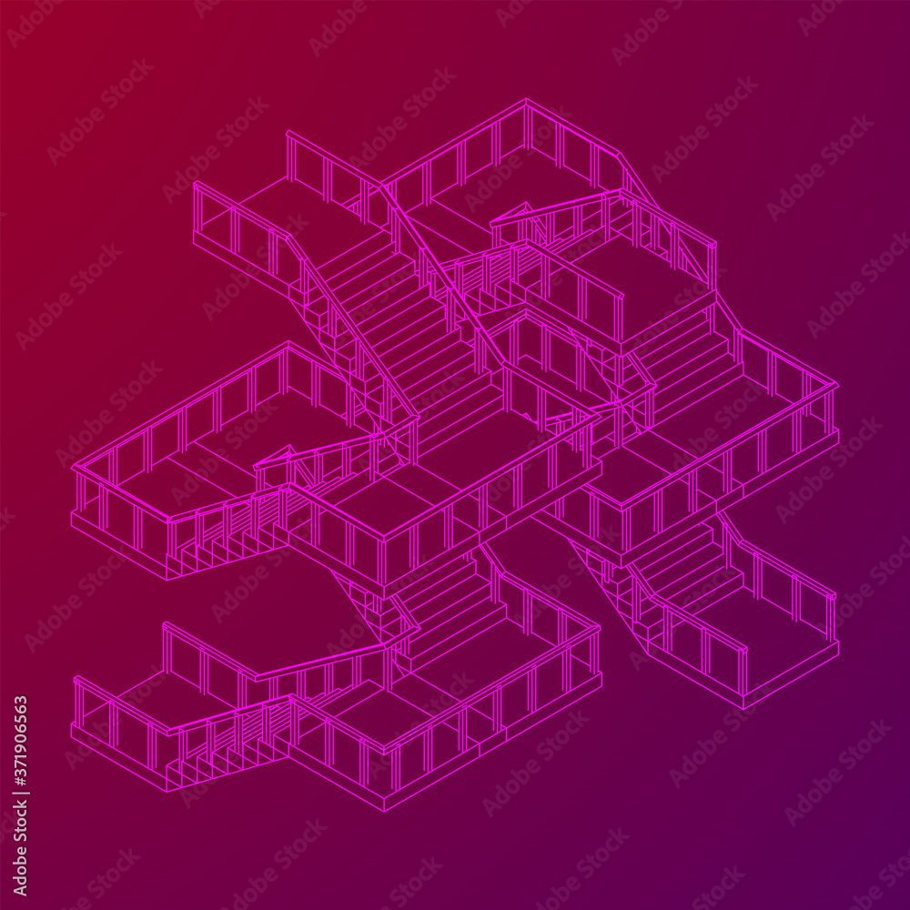 Wireframe stairs, interior staircases steps with railing. Wireframe low ...