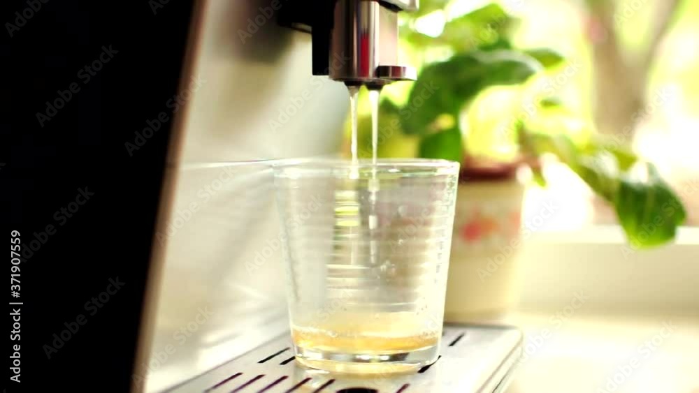 Hot water flows from the coffee maker, one cup portafilter. An ...