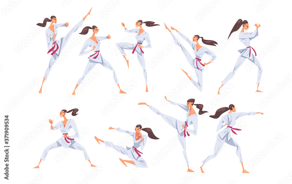 Girl Doing Karate in Various Poses Set, Female Fighter Character in ...