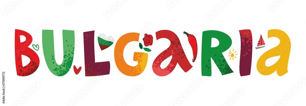Decorative color lettering of the word Bulgaria with country symbols ...
