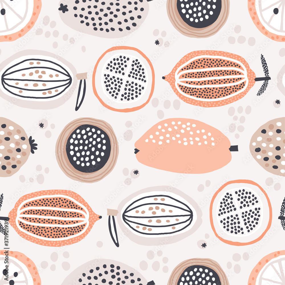 Seamless fruit pattern with abstract exotic fruits. Abstract summer ...