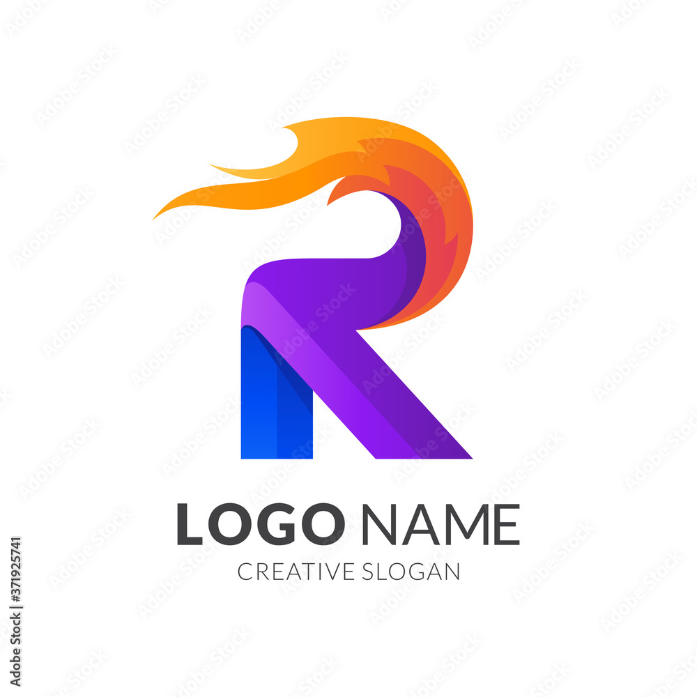 letter r and fire logo concept, modern 3d logo style in gradient ...
