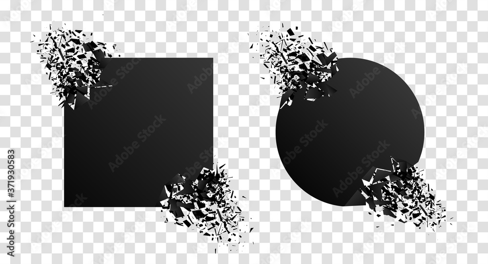 Broken geometric shape with explosion, particles. Shatter stone with ...