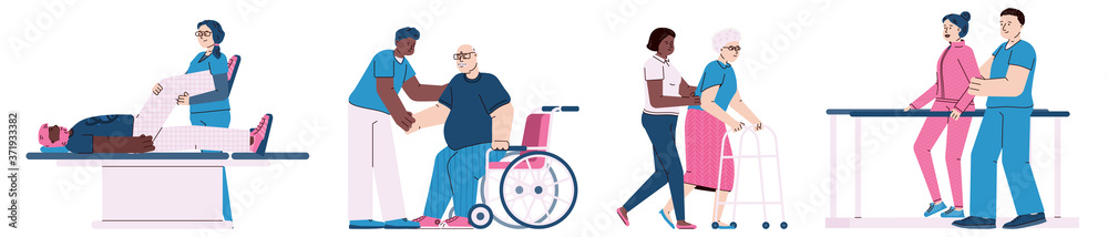 Physiotherapy and rehabilitation of injured people horizontal banner ...