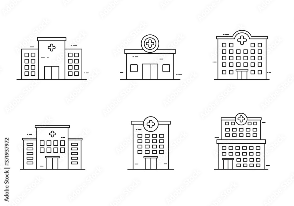 Set of hospital building icons in outline style. Hospital concept ...