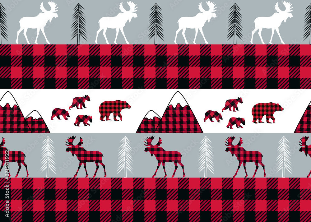 Buffalo plaid seamless pattern. She-bear with cubs, mountains, fir ...