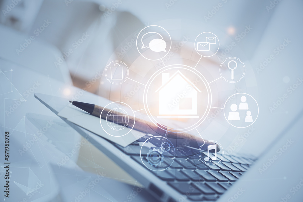 Desktop computer background in office and big town buildings hologram ...