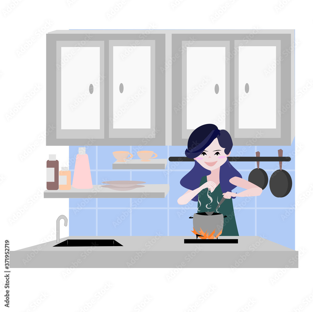Women are cooking in the kitchen. Cute girl stay at home. People ...