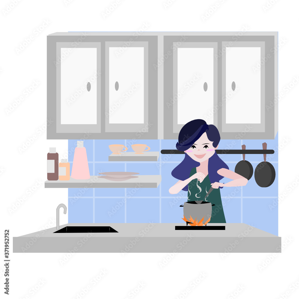Vector women are cooking in the kitchen. Cute girl stay at home. People ...