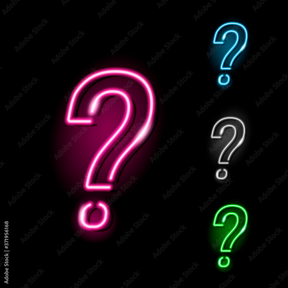 Neon question mark icon in four different colours isolated on black ...