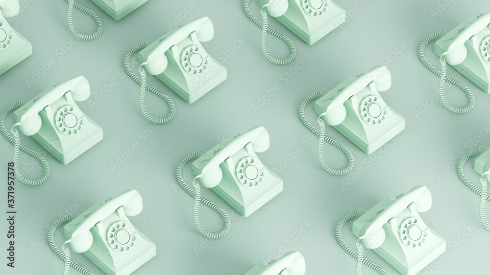 Many old vintage phone with twisted wires. Repeated objects pattern ...