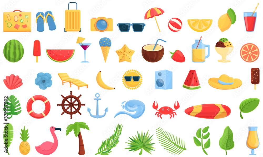 Summer party icons set. Cartoon set of summer party vector icons for ...