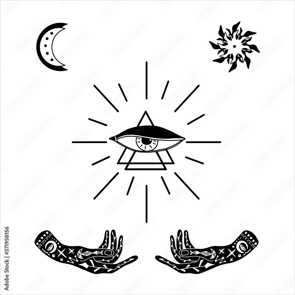 Vector illustration of hand with tattoos, alchemy symbol with a ...