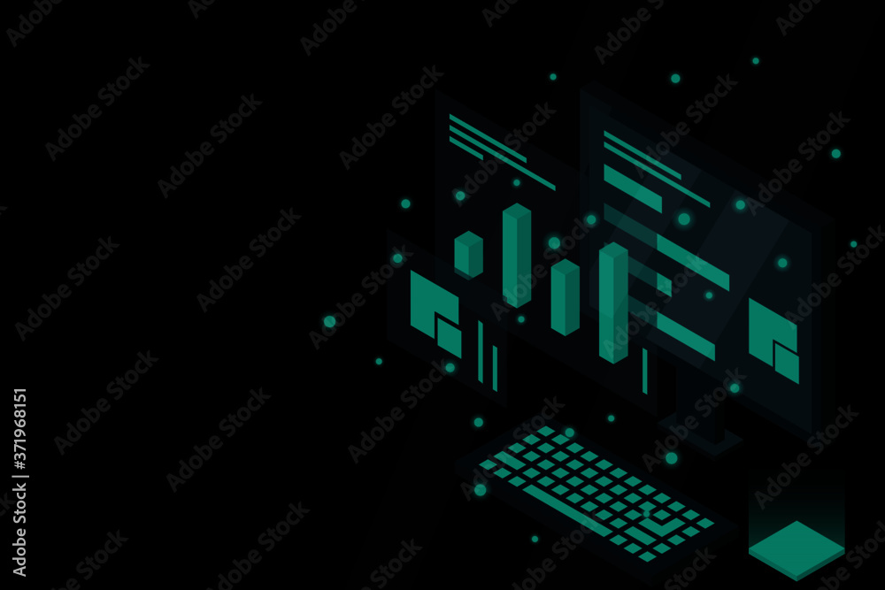 Data analysis in isometric vector design. Technician in datacenter or ...